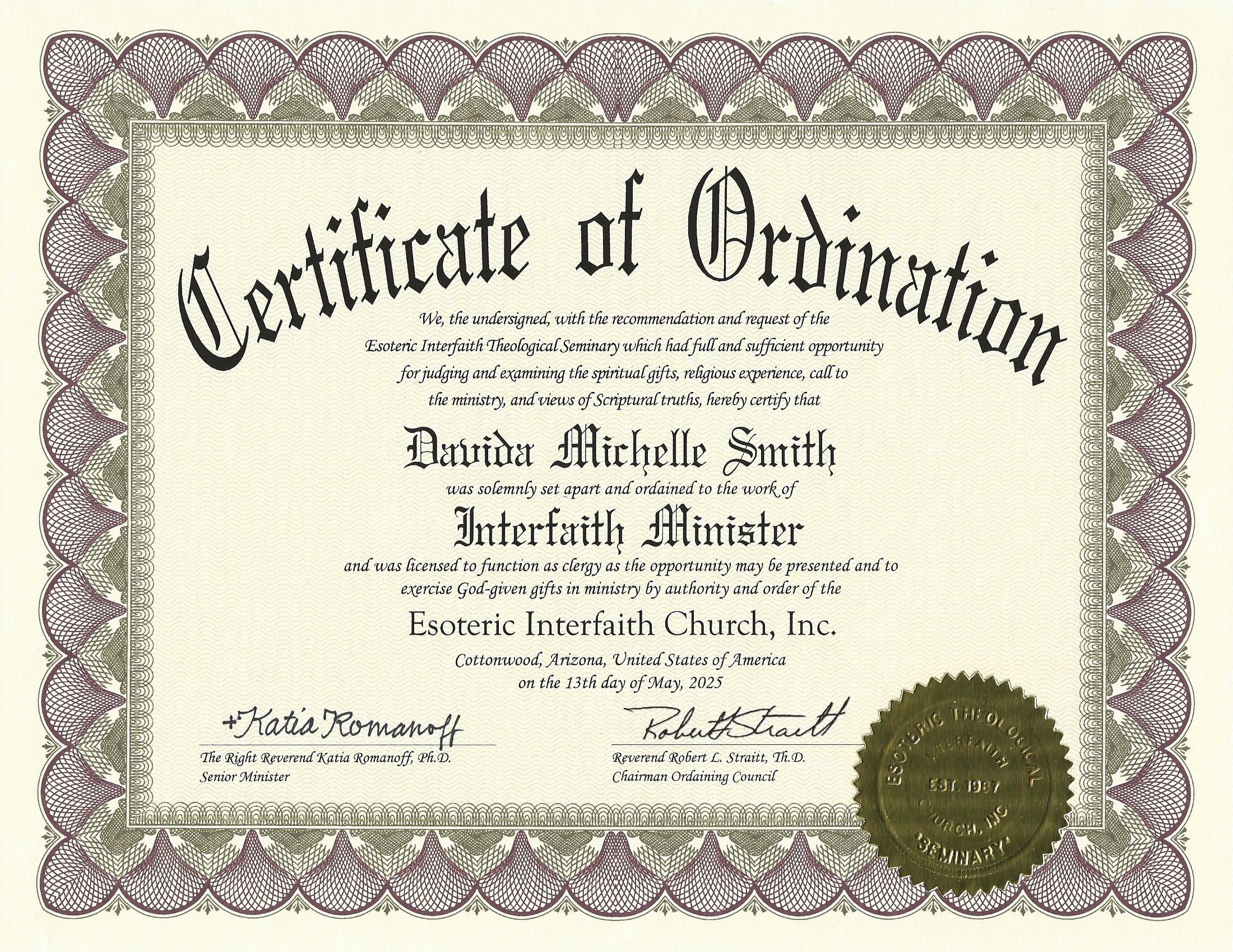 Seminary - Ordination Certificates - Seminary